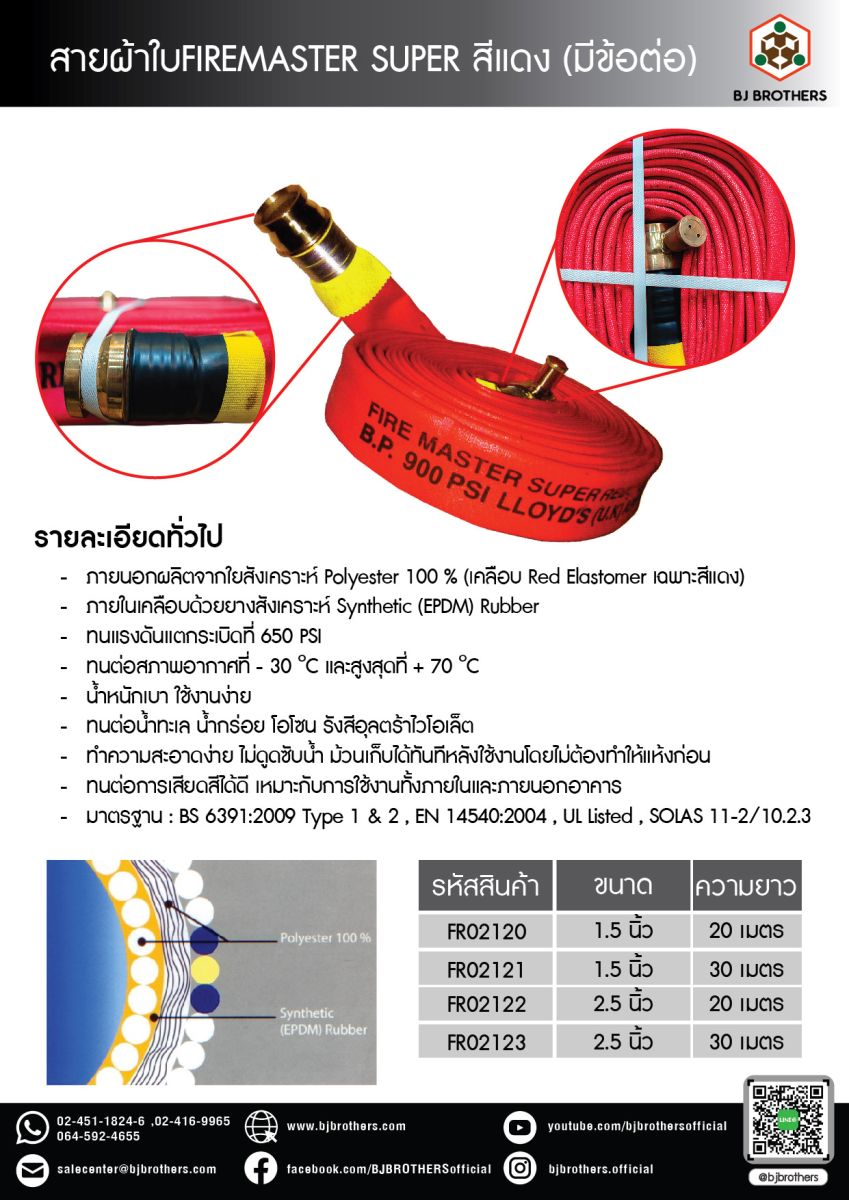 สายส่งน้ำดับเพลิง ชนิดผ้าใบยี่ห้อ FIRE MASTER SUPER สีแดง (มีข้อต่อ)